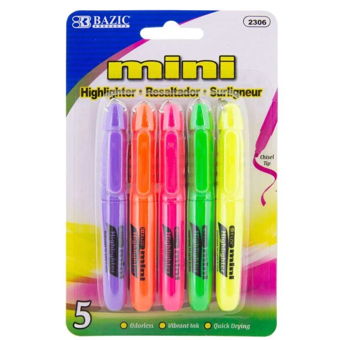 Mini Highlighters 5pk with Cap Clips